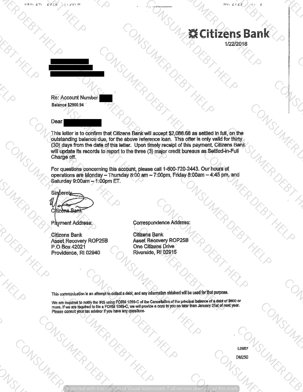 Settlement Letter from Citizens Bank – Consumer DEBT HELP ASSOCIATION