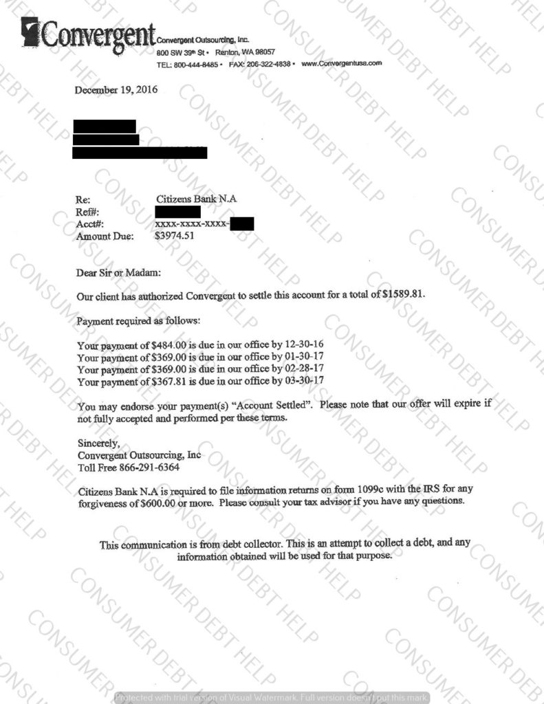 Settlement Letter from Citizens Bank – Consumer DEBT HELP ASSOCIATION