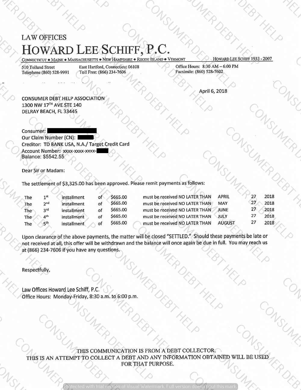 Settlement Letter from Target – Consumer DEBT HELP ASSOCIATION