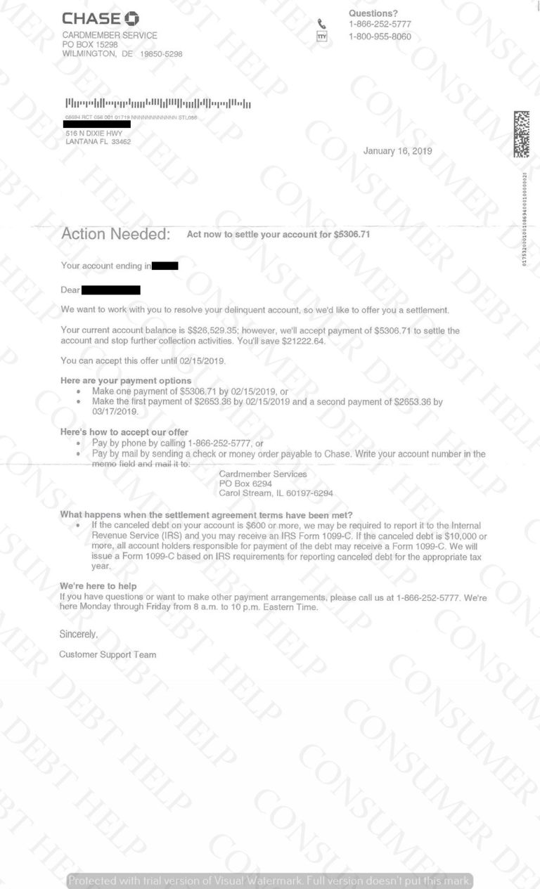Settlement Letter from Chase Bank – Consumer DEBT HELP ASSOCIATION