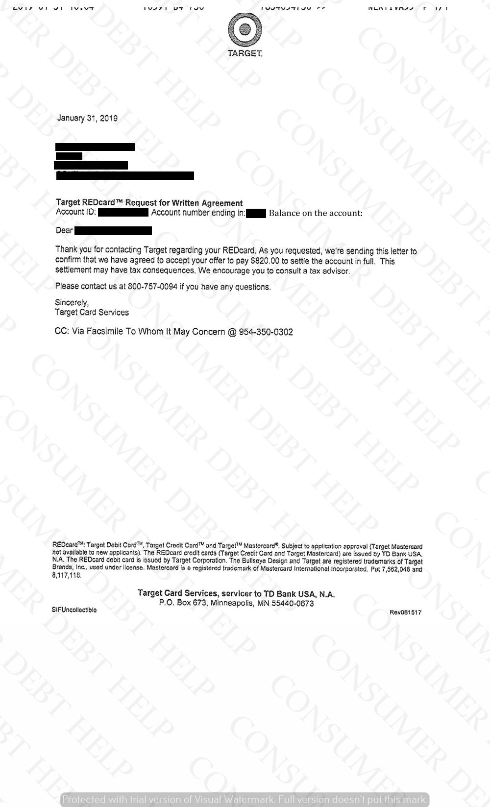 Settlement Letter from Target/TD Bank – Consumer DEBT HELP ASSOCIATION