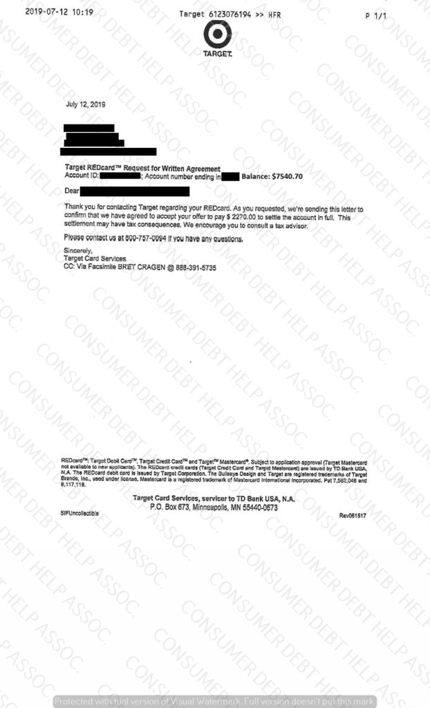 Settlement Letter from Target/TD Bank – Consumer DEBT HELP ASSOCIATION