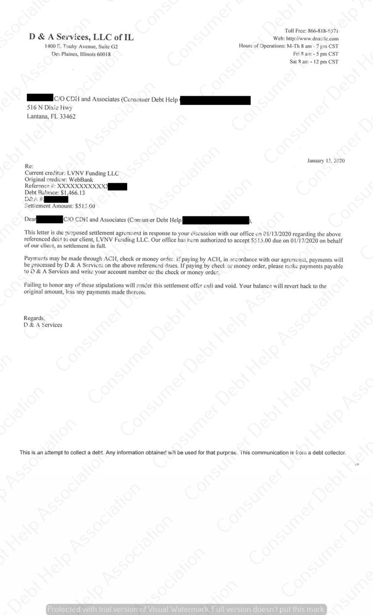 Settlement Letter from Fingerhut/Web Bank – Consumer DEBT HELP ASSOCIATION