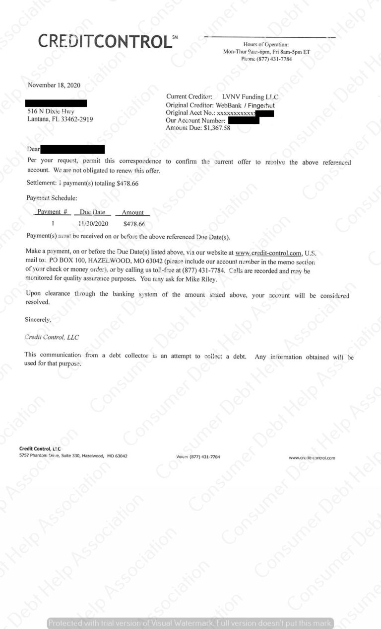 Settlement Letter from Fingerhut/Web Bank – Consumer DEBT HELP ASSOCIATION