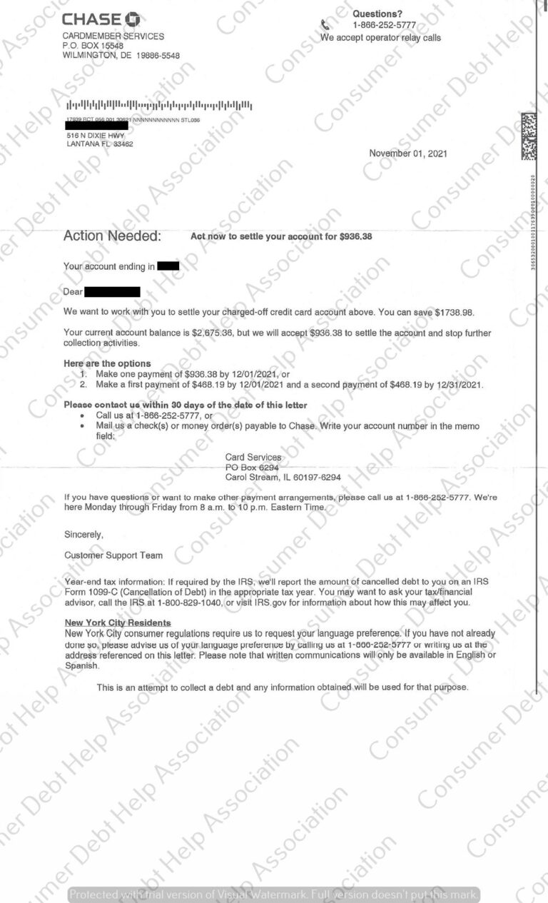Settlement Letter from Chase Bank – Consumer DEBT HELP ASSOCIATION